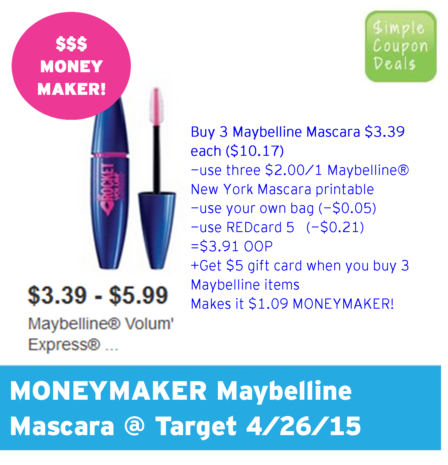 $1.09 MONEYMAKER Maybelline Mascara @ Target - Week of 4/26/15 - Simple ... $1.09 MONEYMAKER Maybelline Mascara @ Target - Week of 4/26/15 - Simple ...
